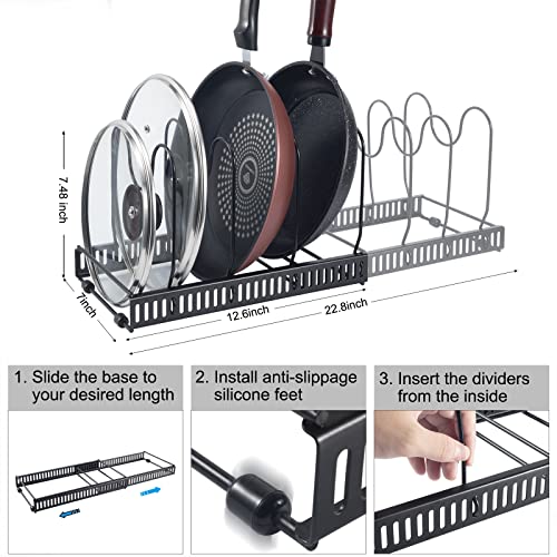 Pots and Pans Organizer Expandable Pan Organizer Pot and Pan Organizer for Cabinet Pot Lid Organizer with 10 Adjustable Dividers Pan Organizer Rack for Cabinet Countertop Cupboard Storage (Black)