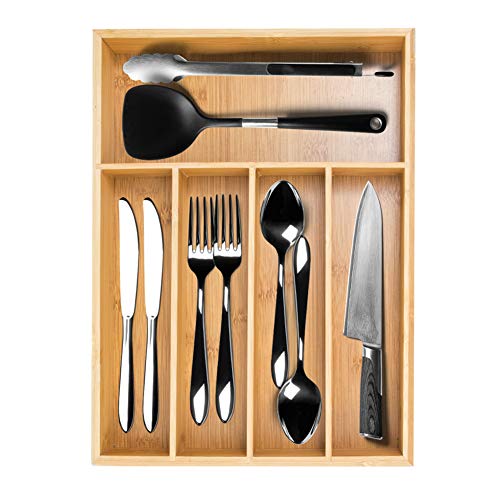 LONTAI+Wisuce Bamboo Silverware Utensil Drawer Organizer, Flatware Cutlery Drawer Organizer Silverware Tray for Kitchen Spoons Forks Knives (Natural-1)