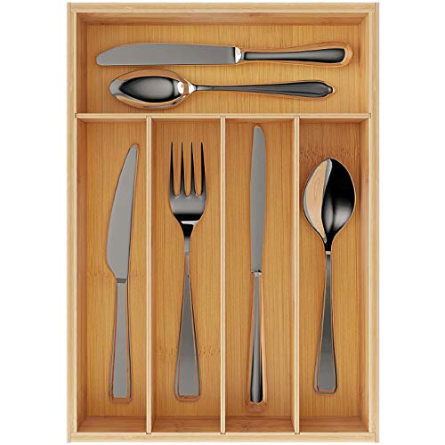 LONTAI+Wisuce Bamboo Silverware Utensil Drawer Organizer, Flatware Cutlery Drawer Organizer Silverware Tray for Kitchen Spoons Forks Knives (Natural-1)