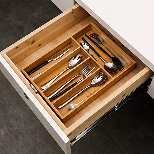 LONTAI+Wisuce Bamboo Silverware Utensil Drawer Organizer, Flatware Cutlery Drawer Organizer Silverware Tray for Kitchen Spoons Forks Knives (Natural-1)