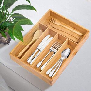 LONTAI+Wisuce Bamboo Silverware Utensil Drawer Organizer, Flatware Cutlery Drawer Organizer Silverware Tray for Kitchen Spoons Forks Knives (Natural-1)