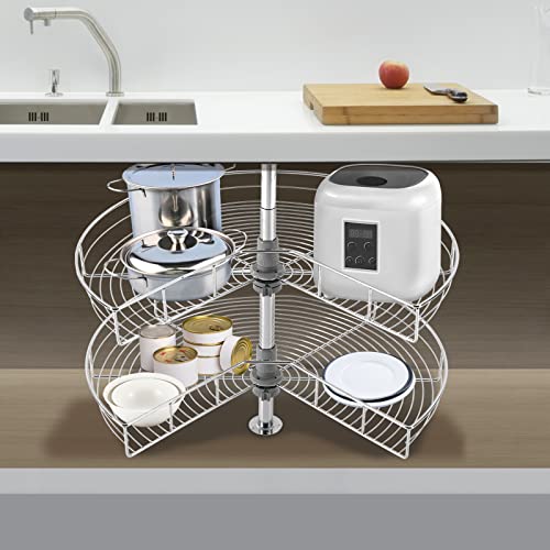 LOYALHEARTDY 28 Inch Lazy Susan Organizer, 2 Tier Lazy Kitchen Base Cabinet Corner Organizer Kitchen Corner Pantry 270° Rotating Basket Rotating Tray Kidney Lazy Susan Turntable for Cabinet