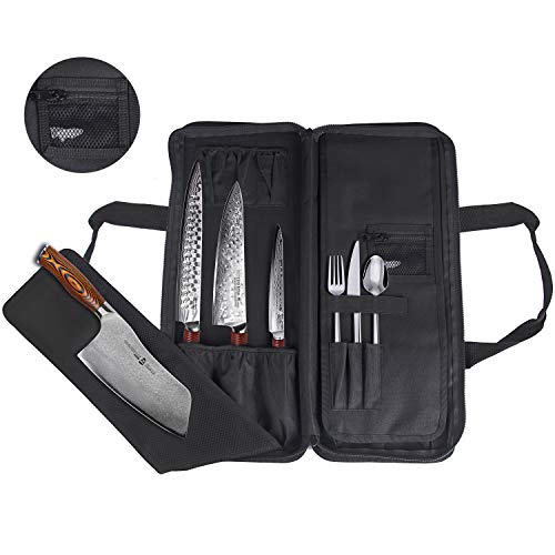 TUO Knife Bag for Chef, Padded Knife Roll, Knife Case, Durable Knife Carrier, Canvas Knife Holder for Kitchen Tools, Utensil Pockets with Shoulder Strap & Handle, which with 12 slots and Zipped Pouch