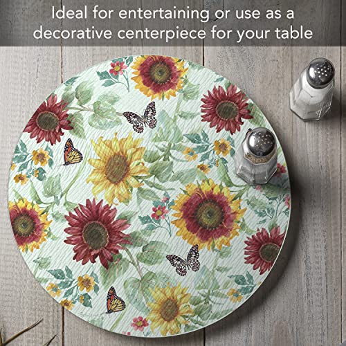 CounterArt Sunflower Splendor 4mm Heat Tolerant Tempered Glass Lazy Susan Turntable 13" Diameter Cake Plate Condiment Caddy Pizza Server