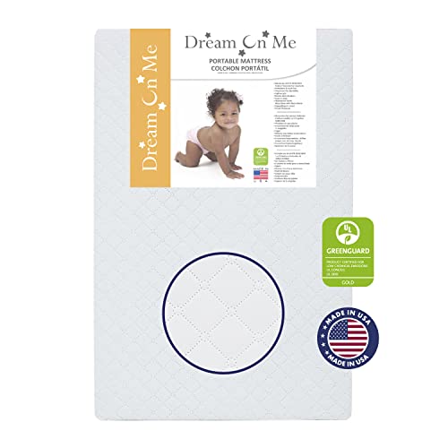 Dream On Me Holly 3” Fiber Portable, Greenguard Gold Certified, Waterproof Vinyl Cover, Lightweight Mini Crib Mattress, White