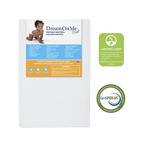 Dream On Me Holly 3” Fiber Portable, Greenguard Gold Certified, Waterproof Vinyl Cover, Lightweight Mini Crib Mattress, White