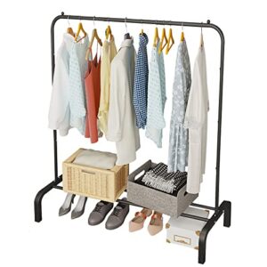 jiuyotree metal clothing rack, 43.3 inches clothes garment coat rack with bottom shelf, clothing rack for hanging clothes, coats, skirts, shirts, sweaters, black