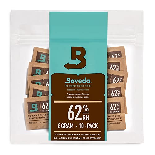 Boveda 62% RH Size 8-10 Pack Two-Way Humidity Control Packs - For Storing 1 oz of Botanicals - Moisture Absorber for Small Storage Containers - Humidifier Packs - Hydration Packets w/Resealable Bag