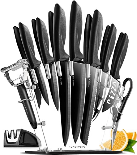 Home Hero Kitchen Knife Set, Steak Knife Set & Kitchen Utility Knives - Ultra-Sharp High Carbon Stainless Steel Knives with Ergonomic Handles (17 Pc Set, Black)