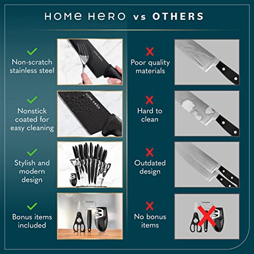 Home Hero Kitchen Knife Set, Steak Knife Set & Kitchen Utility Knives - Ultra-Sharp High Carbon Stainless Steel Knives with Ergonomic Handles (17 Pc Set, Black)