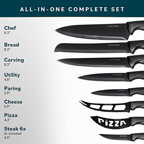 Home Hero Kitchen Knife Set, Steak Knife Set & Kitchen Utility Knives - Ultra-Sharp High Carbon Stainless Steel Knives with Ergonomic Handles (17 Pc Set, Black)