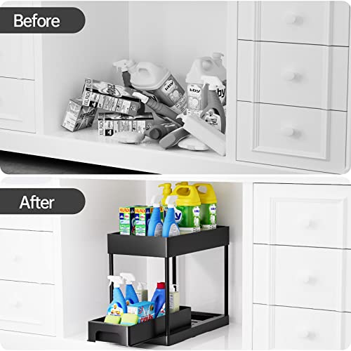 GODDSEVOES Storage Pull, 2 Tier Under-Sink Drawer 4 Hook 1 Cup, Black Under Sliding Cabinet Basket Organizer for Bathroom/Kitchen