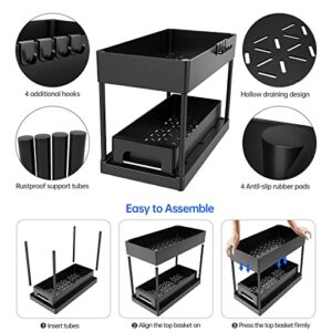 GODDSEVOES Storage Pull, 2 Tier Under-Sink Drawer 4 Hook 1 Cup, Black Under Sliding Cabinet Basket Organizer for Bathroom/Kitchen