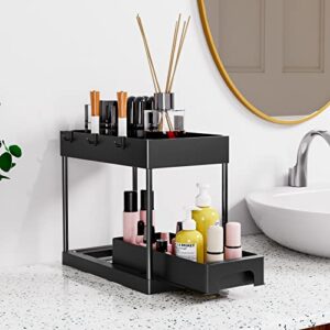 GODDSEVOES Storage Pull, 2 Tier Under-Sink Drawer 4 Hook 1 Cup, Black Under Sliding Cabinet Basket Organizer for Bathroom/Kitchen