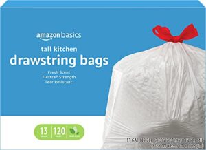 amazon basics flextra tall kitchen drawstring trash bags, fresh scent, 13 gallon, 120 count