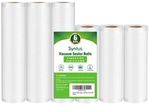 syntus vacuum sealer bags, 6 pack 3 rolls 11″ x 20′ and 3 rolls 8″ x 20′ commercial grade bag rolls, food vac bags for storage, meal prep or sous vide