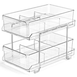 2 tier clear organizer with dividers, multi-purpose slide-out storage container, bathroom vanity counter organizing tray, under sink closet organization, kitchen pantry medicine cabniet storage bins