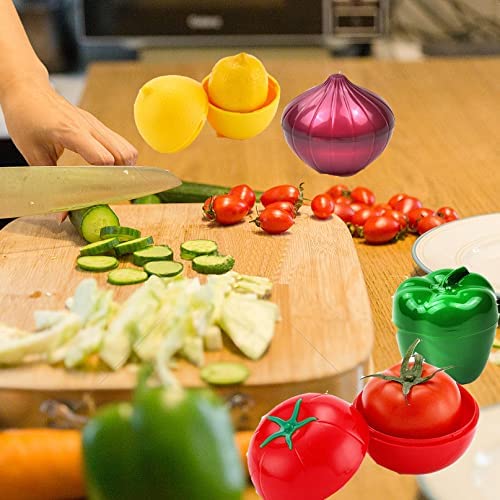 MIAO JIN 4 PCS Fruit and Vegetable Shaped Food Saver Storage Containers Holder Refrigerator Vegetable Crisper(Onion, tomato, lemon, green pepper)