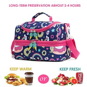 Life on track Insulated Kids Double Decker Lunch Bag Tote Pack for Girls Boys Toddler School Picnic Food Cooler Hot Water Ice with Strap (Blue Unicorn)