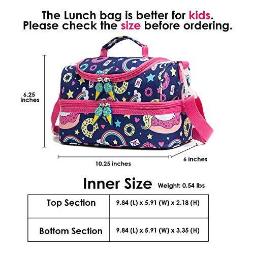 Life on track Insulated Kids Double Decker Lunch Bag Tote Pack for Girls Boys Toddler School Picnic Food Cooler Hot Water Ice with Strap (Blue Unicorn)