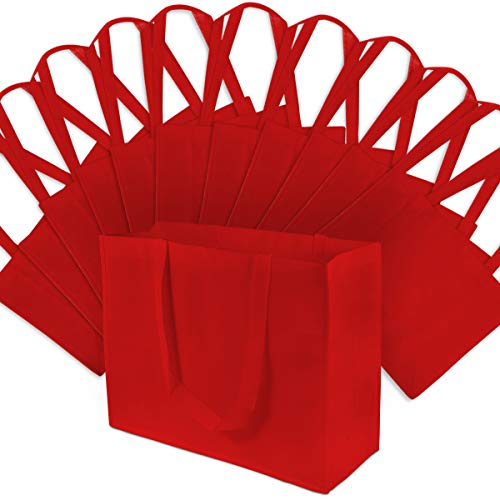 Red Gift Bags - 12 Pack Large Reusable Bags with Handles, Durable Cloth Fabric Totes for Gifts, Gift Packaging, Christmas, Valentines, Holiday, Shopping, Small Business & Retail, in Bulk - 16x6x12