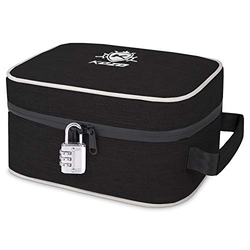 Portable Food Lunchbox Storage Bag with Combination Lock – Insulated Bag with Tightly Locking Zippers and 7 Layers of Carbon-Woven Fabric, Durable Bag by Kozo, 4.9 x 6.7 x 8.7 In. (Black-Bag)