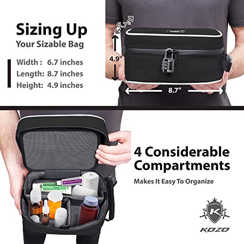 Portable Food Lunchbox Storage Bag with Combination Lock – Insulated Bag with Tightly Locking Zippers and 7 Layers of Carbon-Woven Fabric, Durable Bag by Kozo, 4.9 x 6.7 x 8.7 In. (Black-Bag)