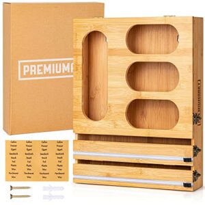 premiumarkt 6in1 thick bamboo ziplock bag organizer wrap dispenser with cutter, kitchen drawer organizer storage, compatible with gallon,quart,sandwich,snack, foil, premium bamboo with wall mounts bmorg01