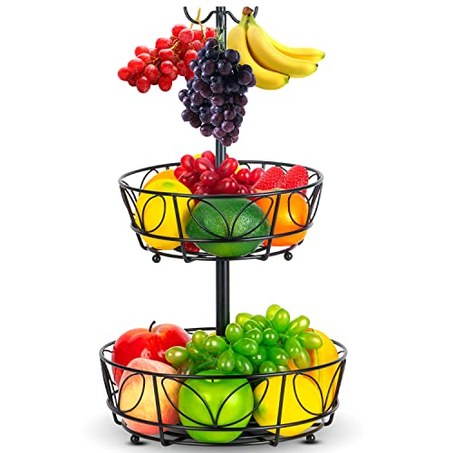 Auledio 2-Tier Countertop Fruit Vegetables Basket Bowl Storage With Triple Banana Hanger, Black