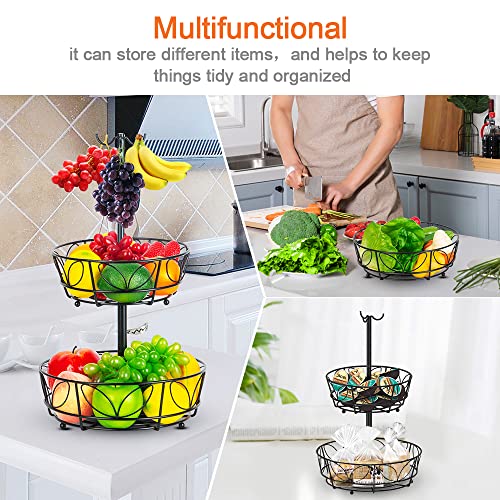 Auledio 2-Tier Countertop Fruit Vegetables Basket Bowl Storage With Triple Banana Hanger, Black