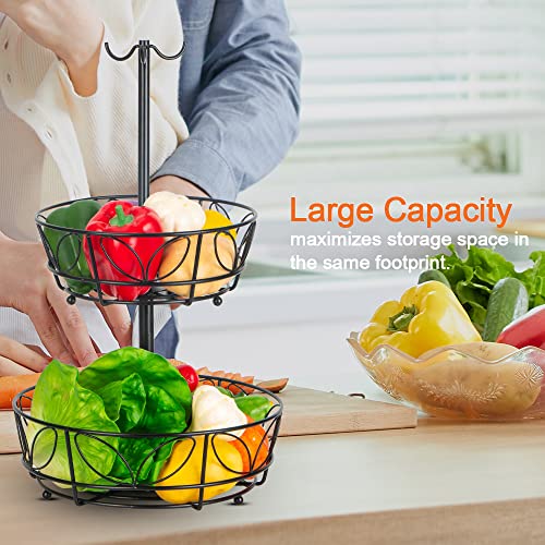 Auledio 2-Tier Countertop Fruit Vegetables Basket Bowl Storage With Triple Banana Hanger, Black