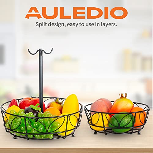 Auledio 2-Tier Countertop Fruit Vegetables Basket Bowl Storage With Triple Banana Hanger, Black