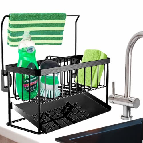 DMJWAN Kitchen Sink Caddy Organizer, 304 Stainless Steel Sponge Holder Sink Caddy for Dish Rags Brush Soap Scrubber with Auto Drain Tray