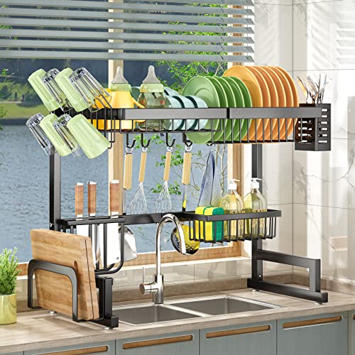 SAYZH Dish Drying Rack, Over The Sink Dish Drying Rack Adjustable (from 26" to 34"), 2 Tier Dish Rack with Utensil Holder Sink Caddy Stainless Steel Dish Drainer for Kitchen Counter, Black