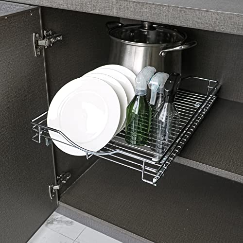 SITE Pull Out Cabinet Organizer 14" W x 21" D Heavy Duty Under Kitchen Cabinet Sliding Shelf,Requires At Least 15” Cabinet Opening, Chrome Finish