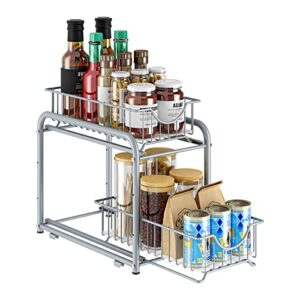 leguang under sink organizers and storage, 2 tier sliding basket under sink cabinet organizer, kitchen under bathroom storage organizer, silver