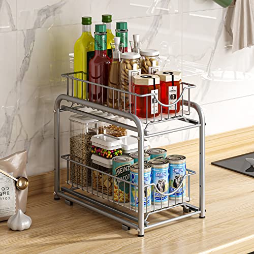 LEGUANG Under Sink Organizers and Storage, 2 Tier Sliding Basket Under Sink Cabinet Organizer, Kitchen Under Bathroom Storage Organizer, Silver