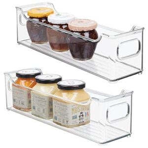 mdesign slim stackable plastic storage organization bin with handles for kitchen cabinet, pantry, shelf, refrigerator, home organizer for fruit, potatoes, onions, drinks, snacks, pasta, 2 pack, clear