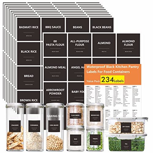 Hebayy 234 Minimalist Kitchen Food Labels, 216 Preprinted Flour Pasta Peas Condiment Oil Stickers, 18 Blank Ones, Waterproof Oil&Tear Resistant, No Residue for Pantry Food Containers Jars.