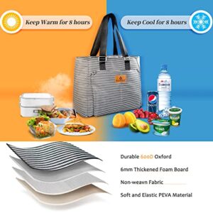 HSHRISH Insulated Lunch Bags for Women, Large Leakproof Tote Bag with 2 Pockets, Durable Reusable Grocery Bags for Work Shopping Outdoor Picnic, 14L(Black/White Stripes)