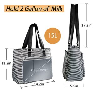 HSHRISH Insulated Lunch Bags for Women, Large Leakproof Tote Bag with 2 Pockets, Durable Reusable Grocery Bags for Work Shopping Outdoor Picnic, 14L(Black/White Stripes)