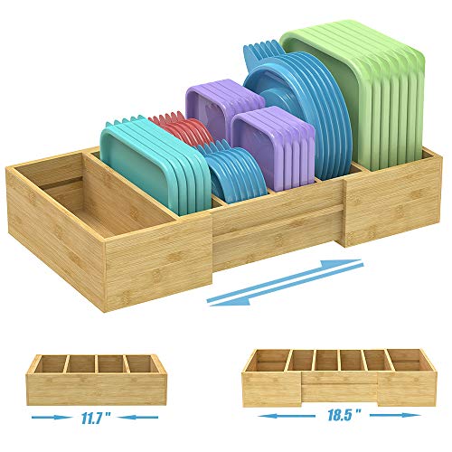 Retro Shaw Expandable Bamboo Food Container Lid Organizer, Lid Organizer for Cabinet, Adjustable Lid Organizer for Plastic Lids and Covers Storage, Lid Organizer Rack with Adjustable Dividers