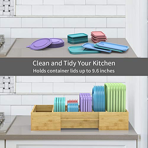 Retro Shaw Expandable Bamboo Food Container Lid Organizer, Lid Organizer for Cabinet, Adjustable Lid Organizer for Plastic Lids and Covers Storage, Lid Organizer Rack with Adjustable Dividers