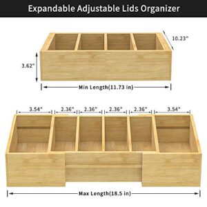 Retro Shaw Expandable Bamboo Food Container Lid Organizer, Lid Organizer for Cabinet, Adjustable Lid Organizer for Plastic Lids and Covers Storage, Lid Organizer Rack with Adjustable Dividers