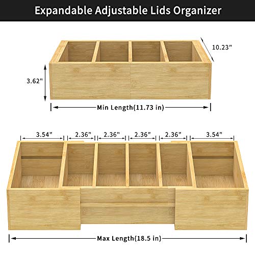 Retro Shaw Expandable Bamboo Food Container Lid Organizer, Lid Organizer for Cabinet, Adjustable Lid Organizer for Plastic Lids and Covers Storage, Lid Organizer Rack with Adjustable Dividers