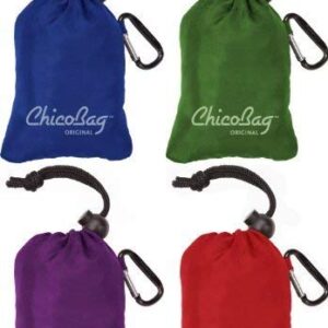 ChicoBag Original Reusable Grocery Bag with Attached Pouch and Carabiner Clip, Variety 4 Pack - Blue, Green, Purple, and Red