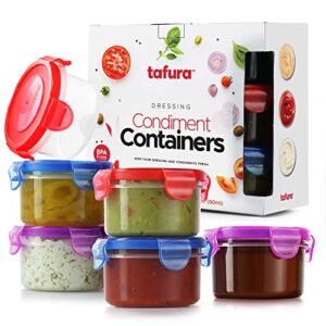 salad dressing container to go, 6 pack | 2.7 oz. dressing containers for lunch box | small containers with lids | dip containers for lunch box | condiment containers with lids, leakproof, bpa free