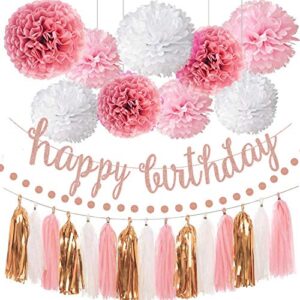 oumuamua pink rose gold birthday party decorations set, rose gold glittery happy birthday banner, tissue paper pom, circle dots garland and tassel garland for birthday party decorations