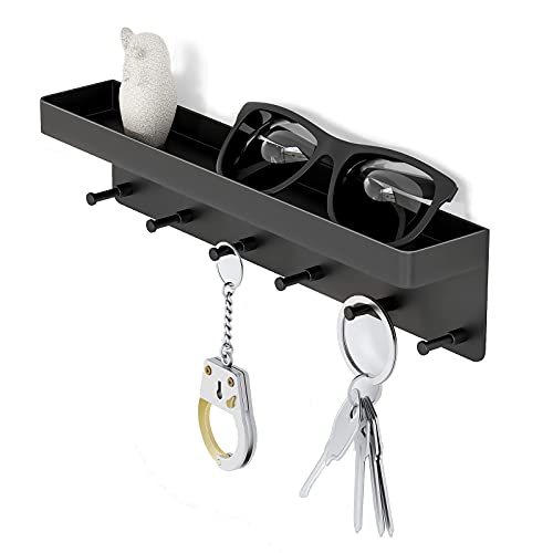 MKO Key Holder for Wall Decorative - Mail Organizer and Key Rack with Tray for Hallway Kitchen Farmhouse Decor,Stainless Steel Key Hooks Mail Holder Wall Mounted - 6 Hooks (Black)