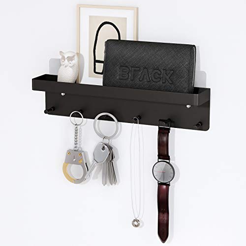 MKO Key Holder for Wall Decorative - Mail Organizer and Key Rack with Tray for Hallway Kitchen Farmhouse Decor,Stainless Steel Key Hooks Mail Holder Wall Mounted - 6 Hooks (Black)